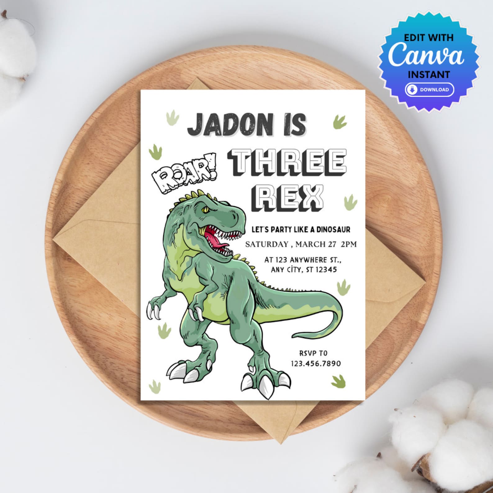 Three Rex Birthday Invitation, Dinosaur 3rd Birthday Invite, T Rex ...