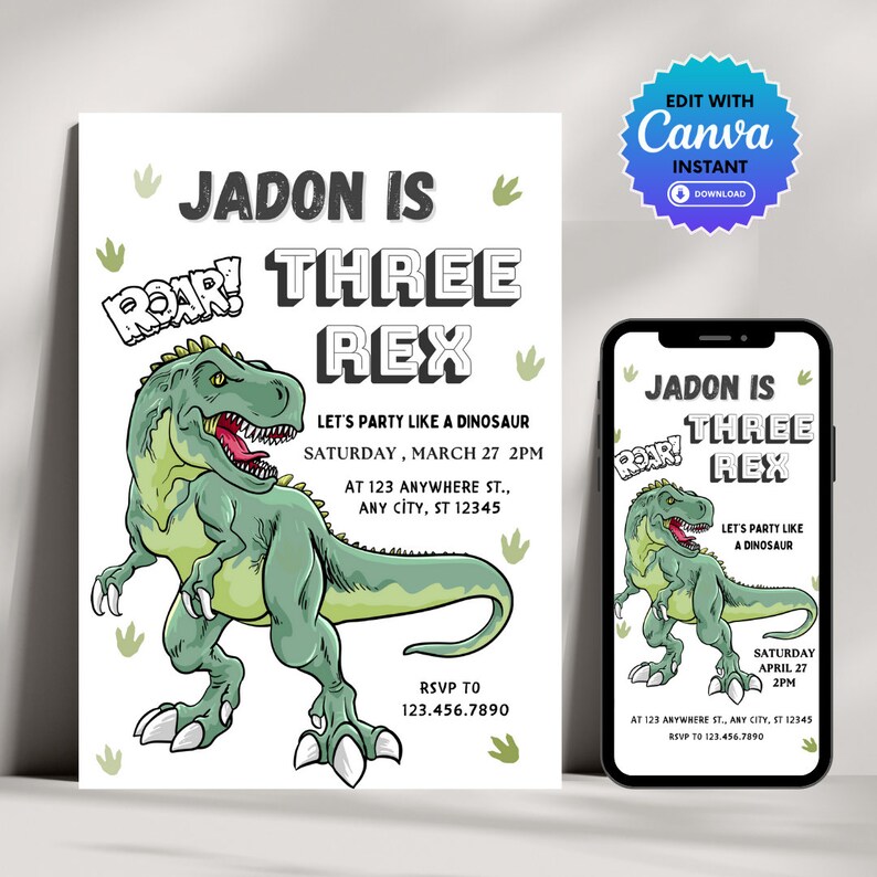 Three Rex Birthday Invitation, Dinosaur 3rd Birthday Invite, T Rex ...