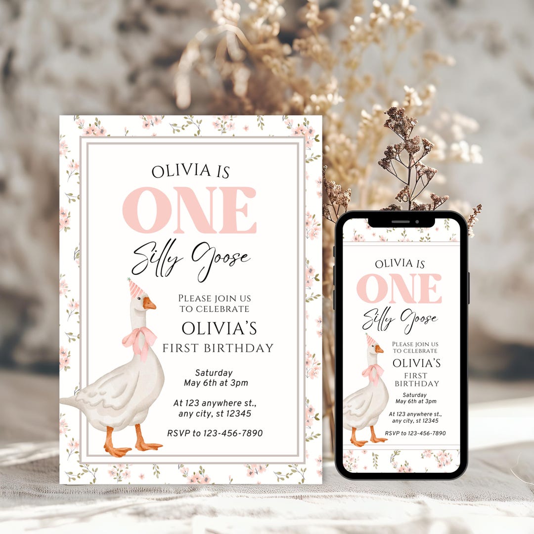 Pink Silly Goose 1st Birthday Invitation: Goose on the Loose (digital ...
