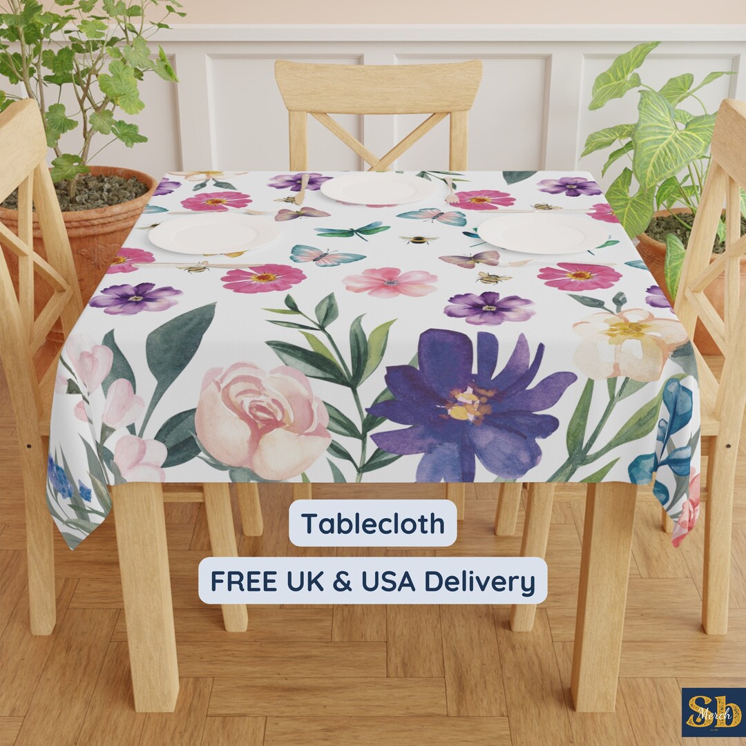 Cottagecore Tablecloth Floral Bee Butterfly Print Polyester Tablecloth ...