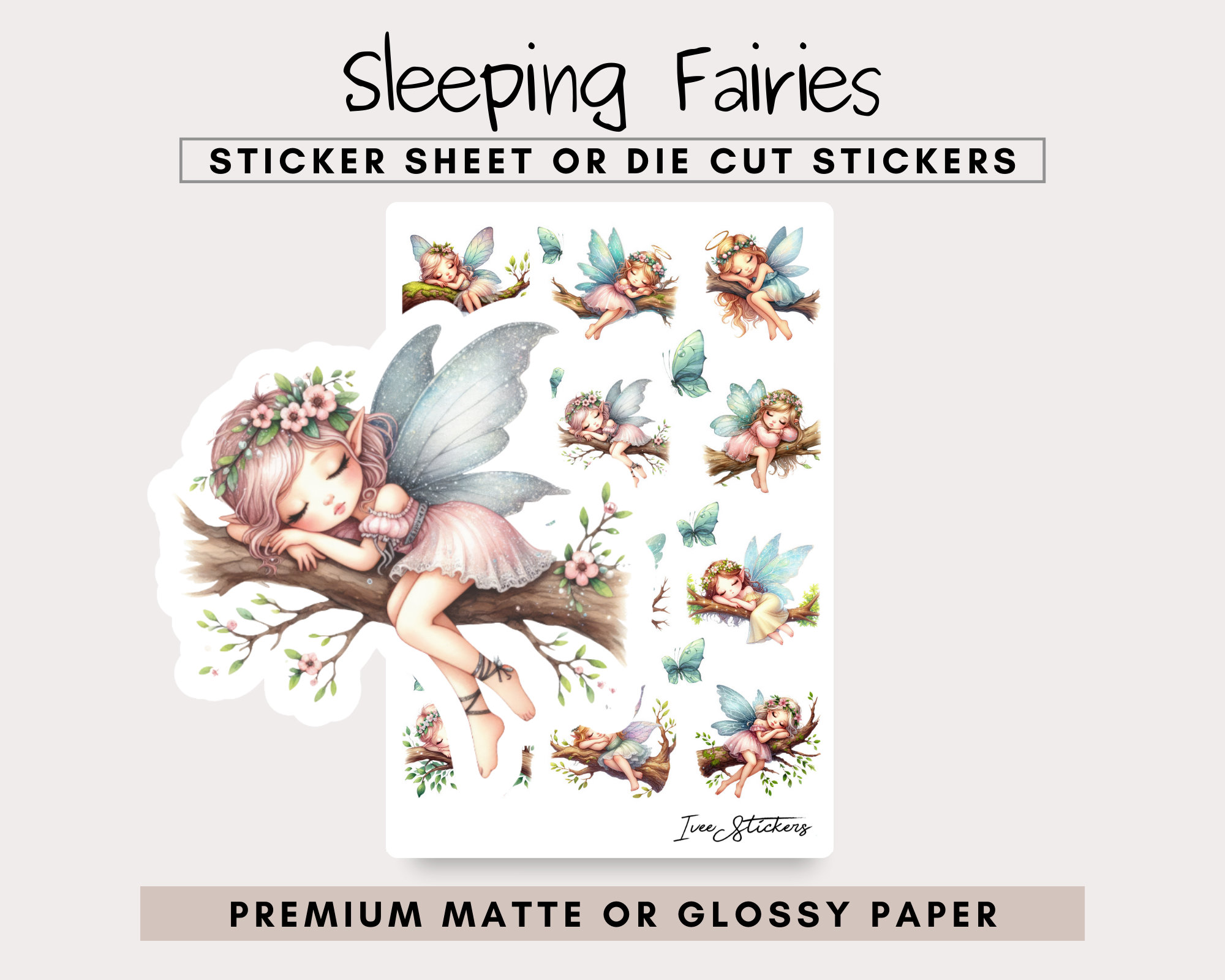 Sleeping Fairies Sticker Sheet or Die Cut Stickers Cute Sleeping Fairy ...