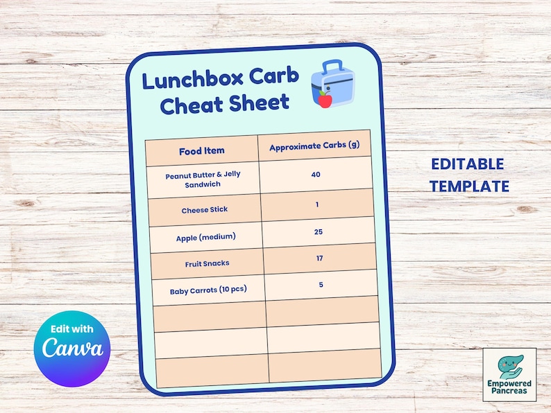 Lunchbox Carb Count Cheat Sheet - Etsy