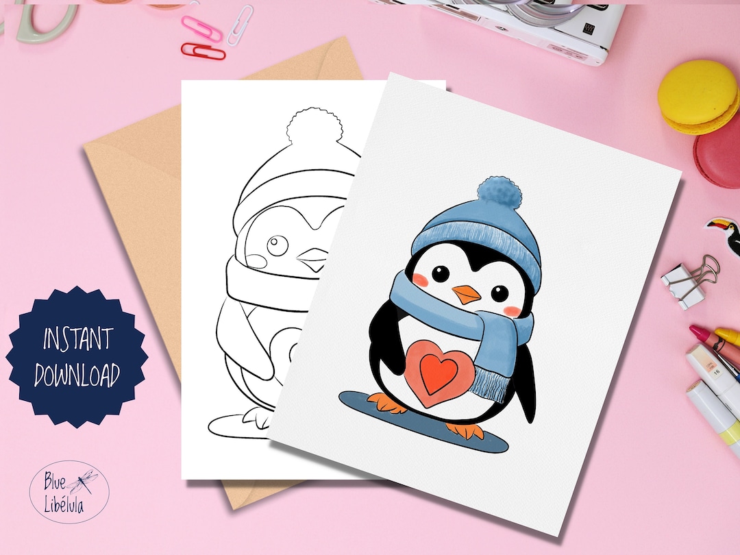 Kawaii Penguin Valentine's Day Coloring Card (PDF) - Etsy