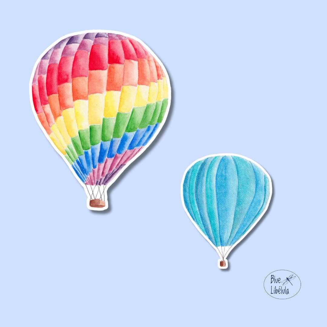 Set of Watercolor Blue and Colorful Hot Air Balloon Stickers, Paper and ...