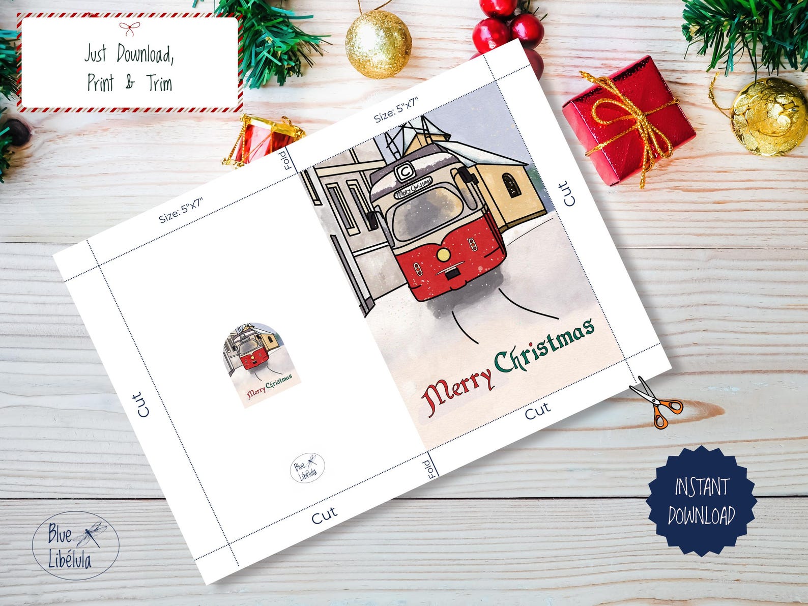 Printable Christmas Tram Card: 2-in-1 Greeting & Coloring (digital ...