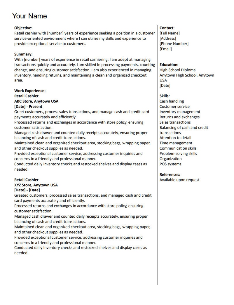 Cashier ATS Friendly Resume Template and Resume Tips Professional ...