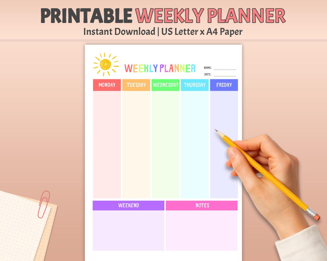 Kids Weekly Planner Printable Rainbow Schedule Homeschool Planner for ...