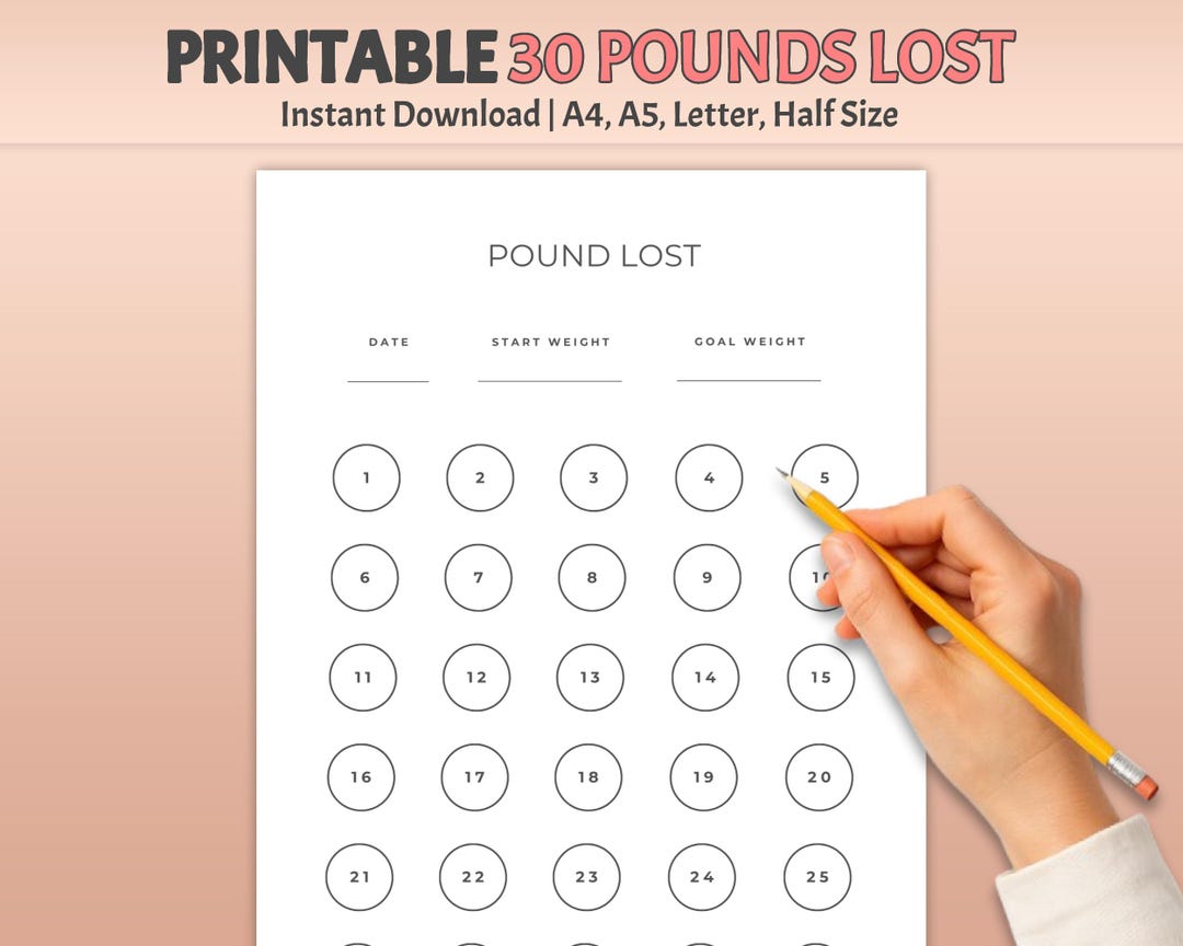 30-day Weight Loss Tracker: Printable Goal Journal (a4/a5/letter/half ...