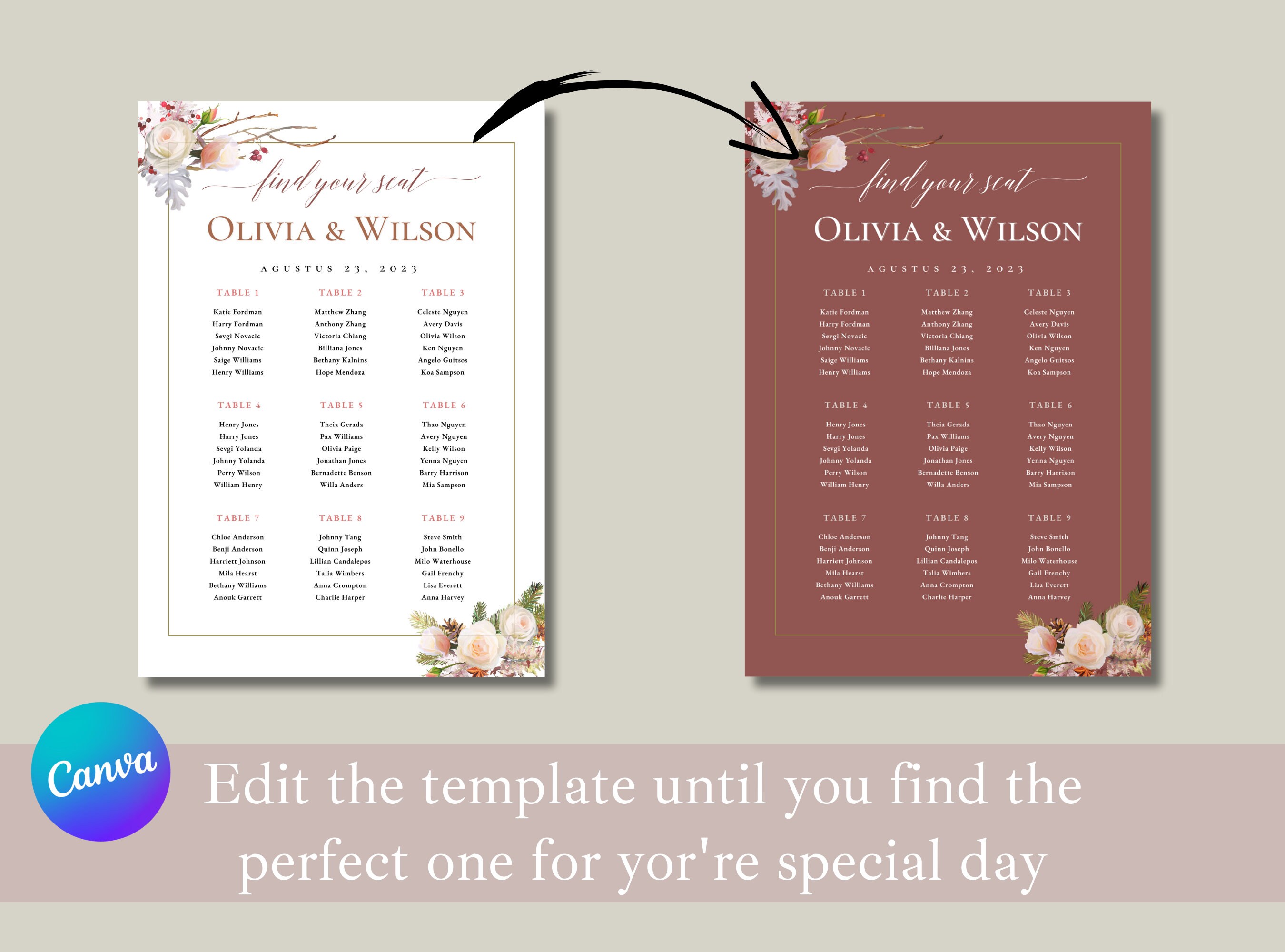 Flower Wedding Seating Chart Printable Wedding Seating Chart Template ...