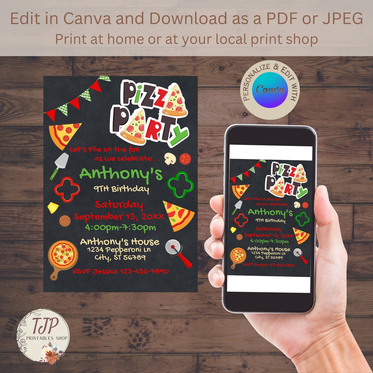 Editable Pizza Party Invite Pizza Birthday Invitation Pizza Invitation ...