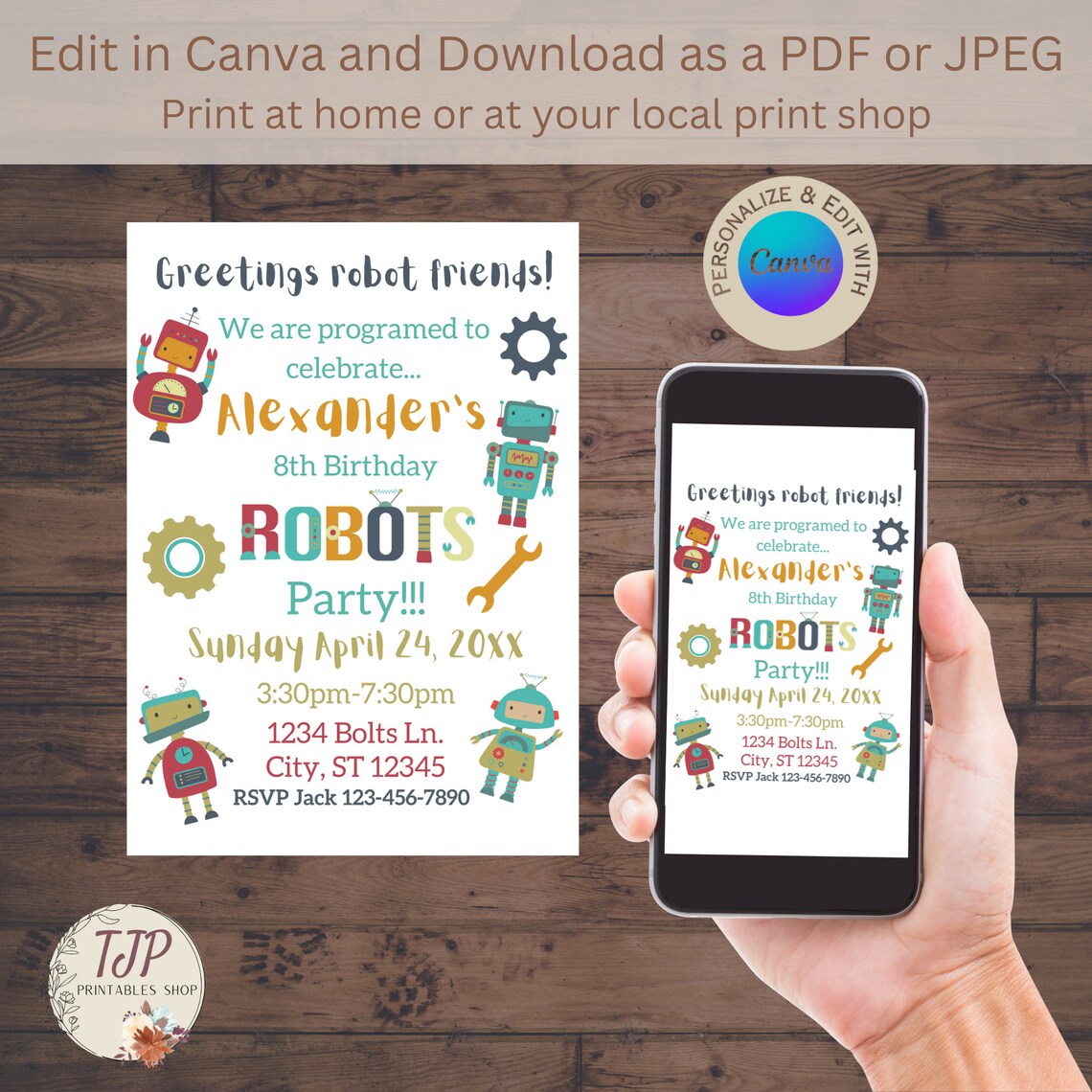 Editable Robot Party Invitation for Birthday Party Editable Template ...