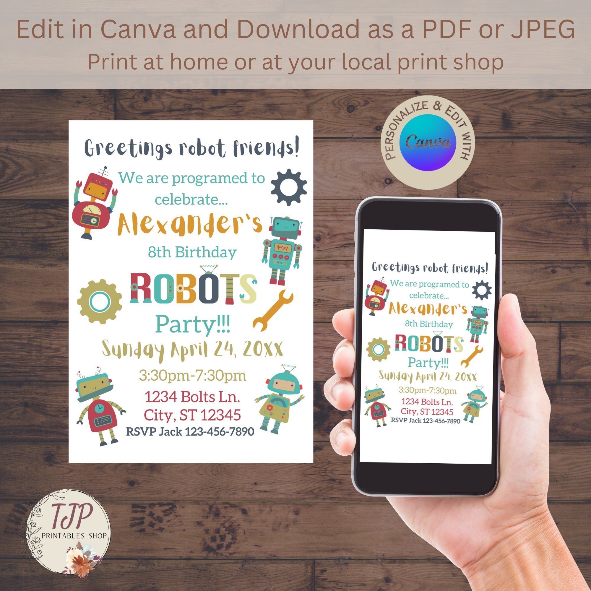 Editable Robot Party Invitation for Birthday Party Editable Template ...