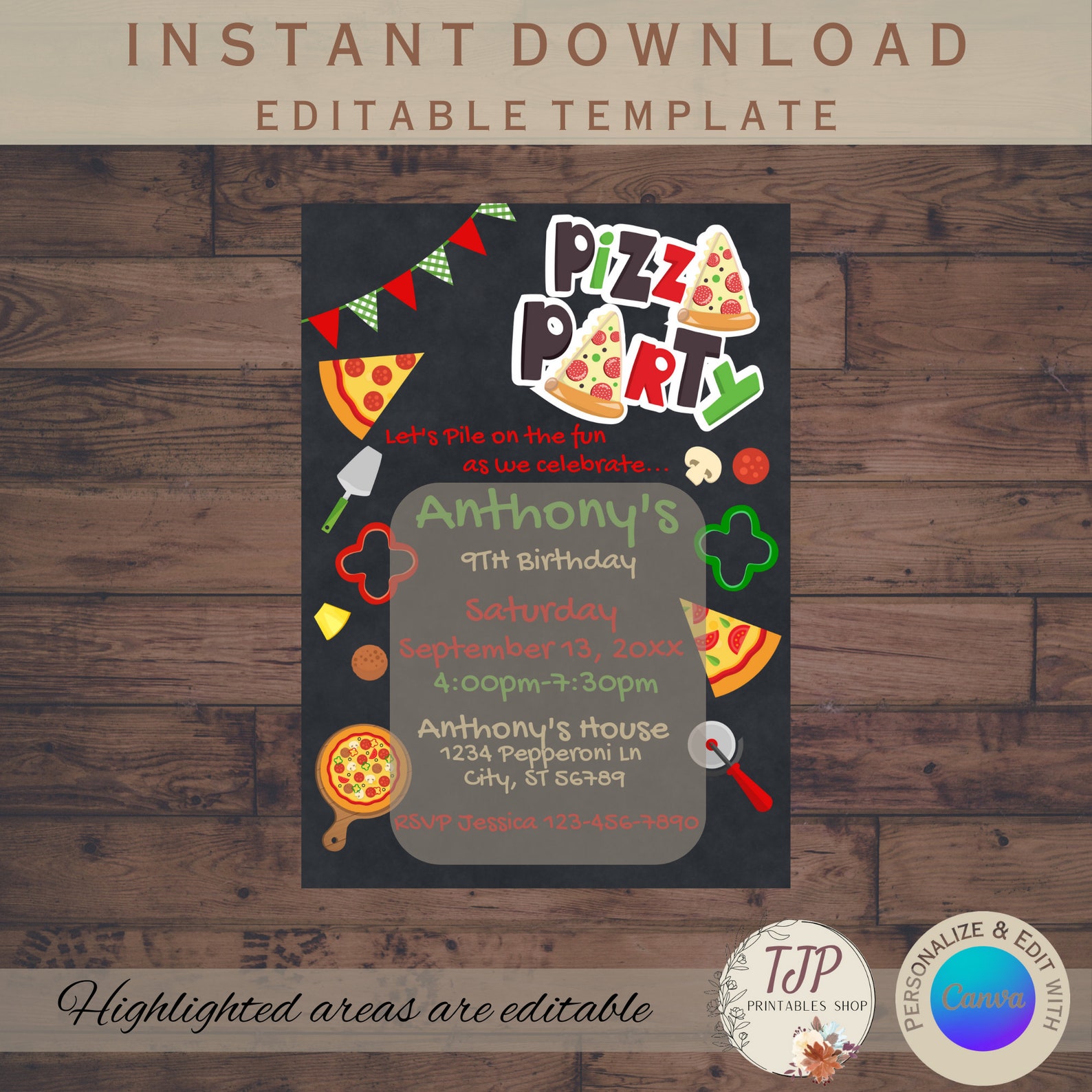 Editable Pizza Party Invite Pizza Birthday Invitation Pizza Invitation ...
