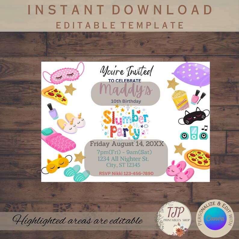 Editable Slumber Party Birthday Invitation Sleepover Birthday Invite