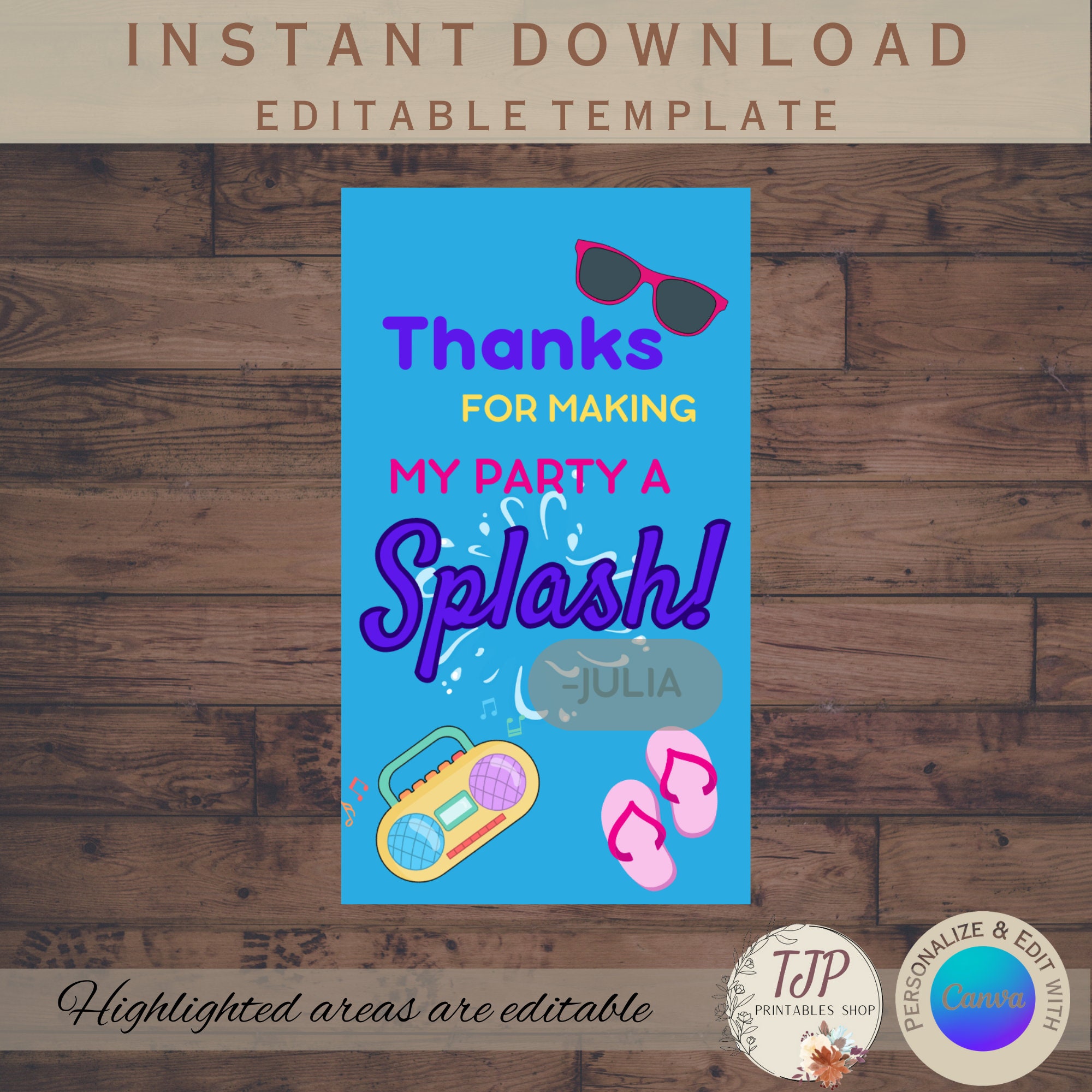 Pool Party Thank You Tag for Birthday Invitation for Pool Party ...