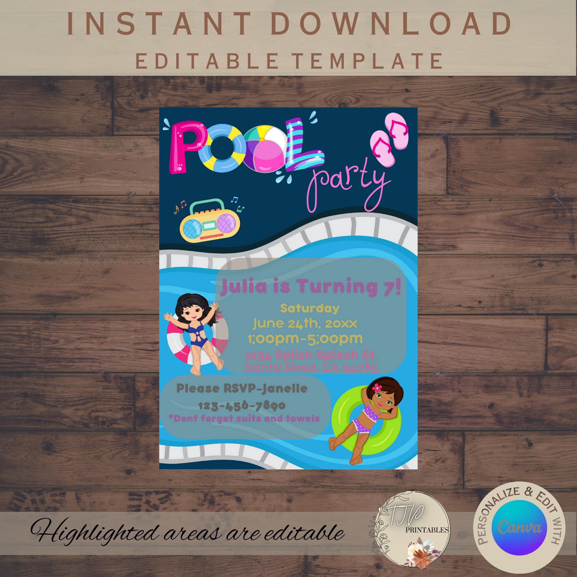 Girls Pool Party Birthday Party Invitation Instant Download Printable Girls Summer Pool Party
