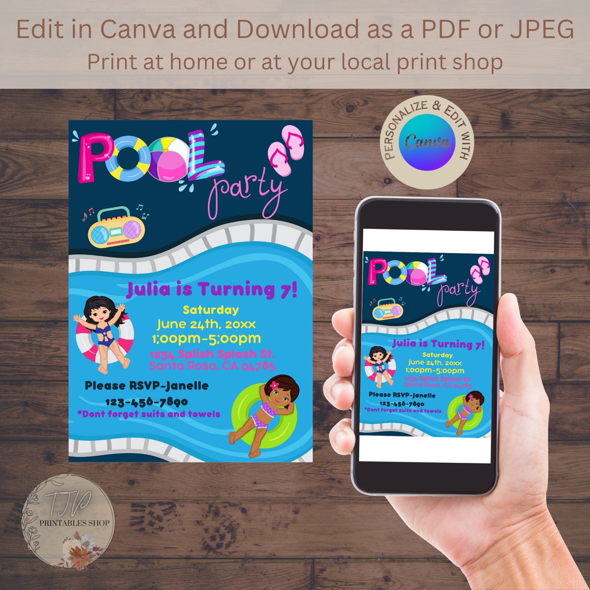 Girls Pool Party Birthday Party Invitation Instant Download Printable Girls Summer Pool Party