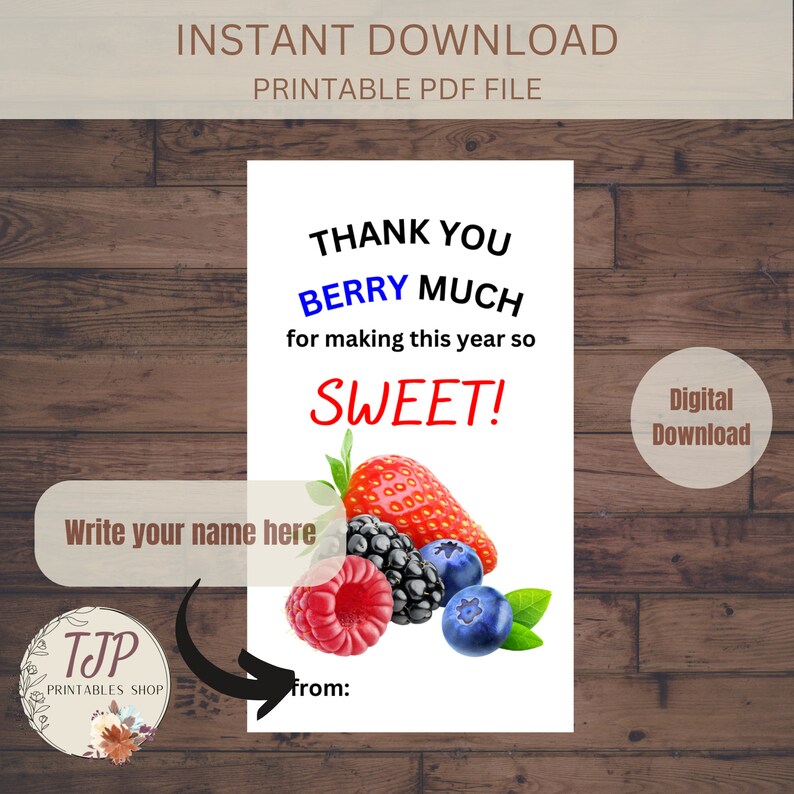 Berry Teacher Appreciation Gift Tag Printable Thank You Tag for Teacher ...