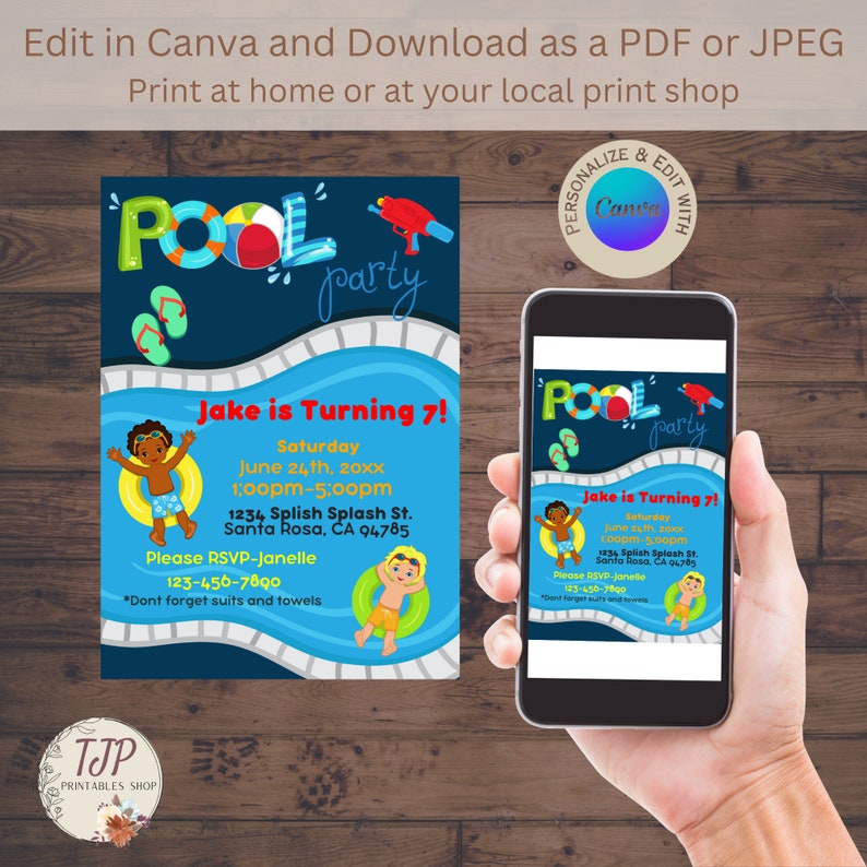 Editable Boys Pool Party Birthday Party Invitation, Printable Boys Pool ...