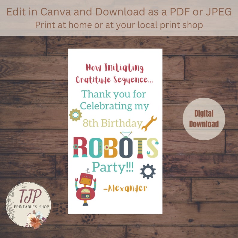 Thank You Tag for Robot Birthday Party Thank You Tag for Party Favor ...