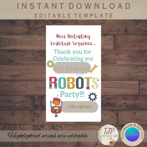 Thank You Tag for Robot Birthday Party Thank You Tag for Party Favor ...