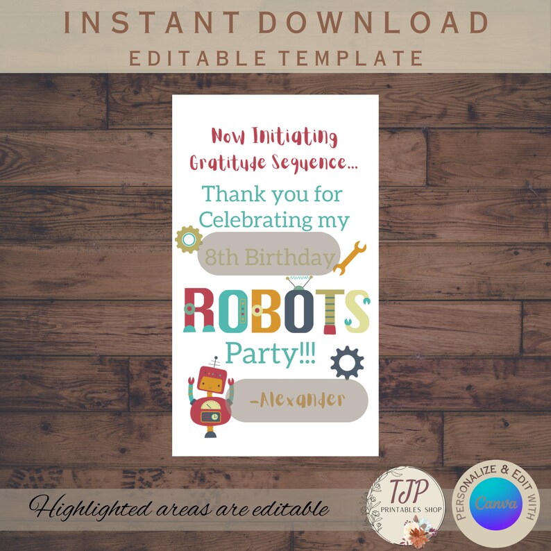 Thank You Tag for Robot Birthday Party Thank You Tag for Party Favor ...