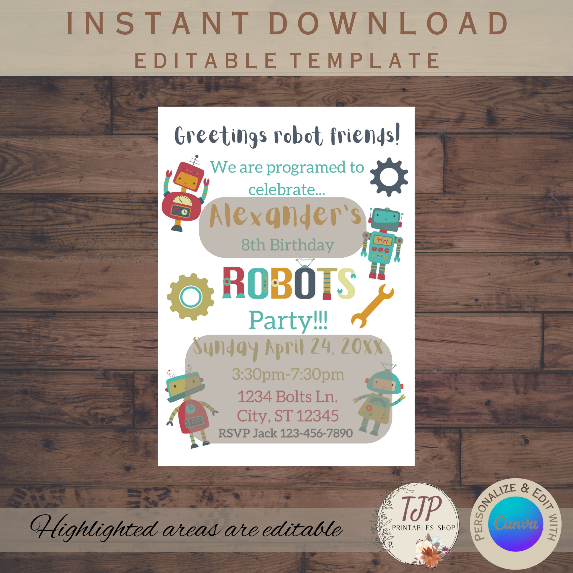 Editable Robot Party Invitation for Birthday Party Editable Template ...