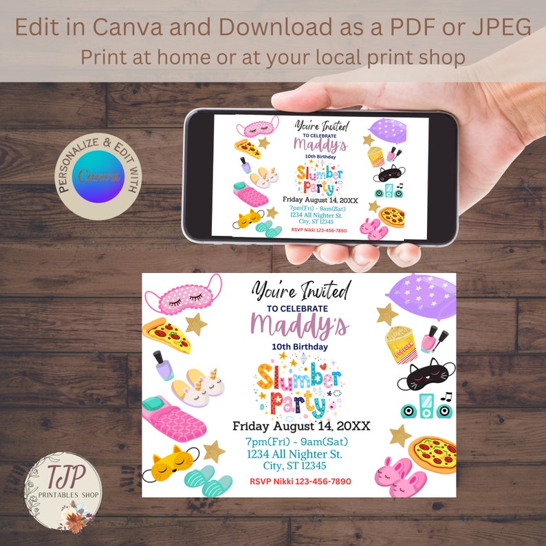 Editable Slumber Party Birthday Invitation Sleepover Birthday Invite
