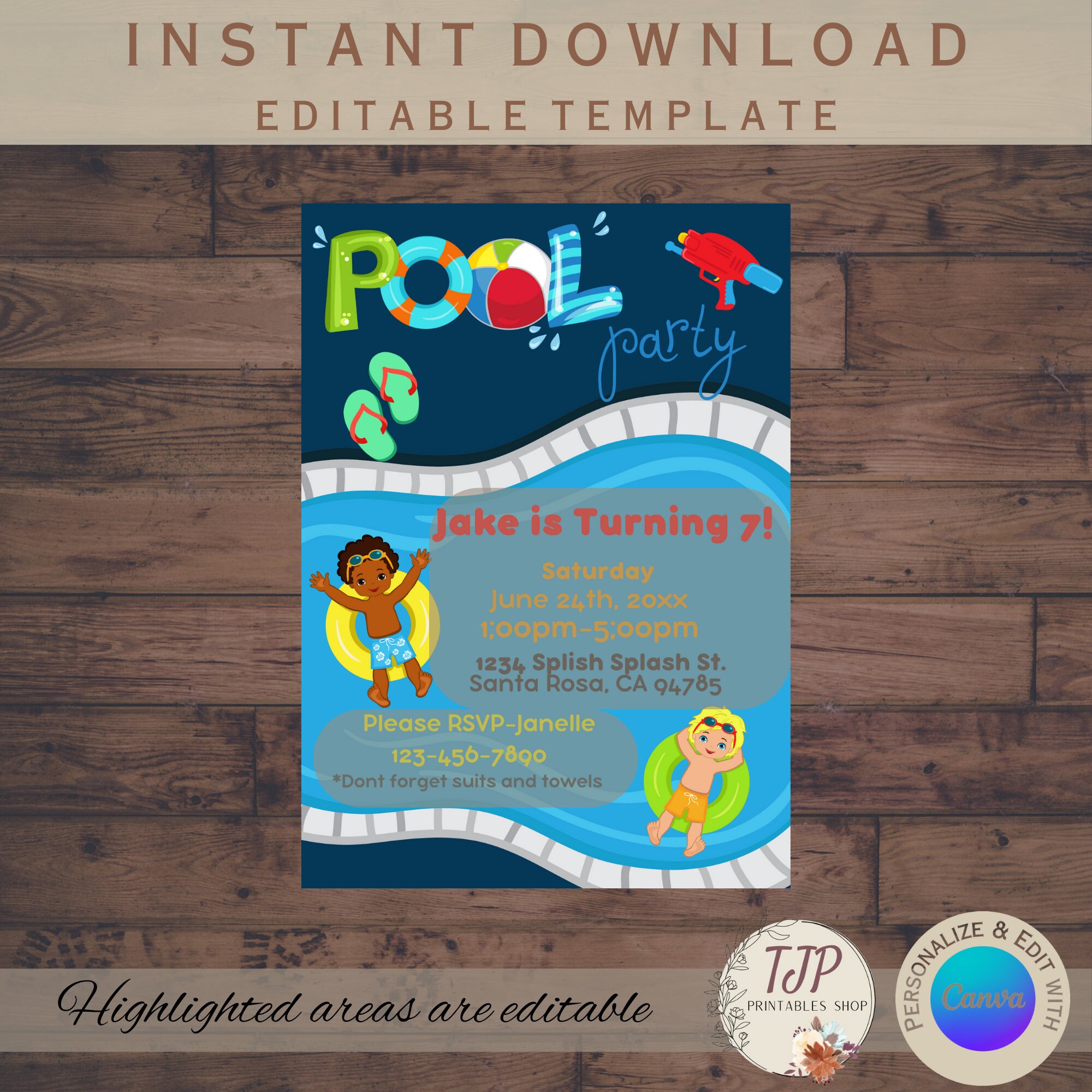 Editable Boys Pool Party Birthday Party Invitation, Printable Boys Pool ...