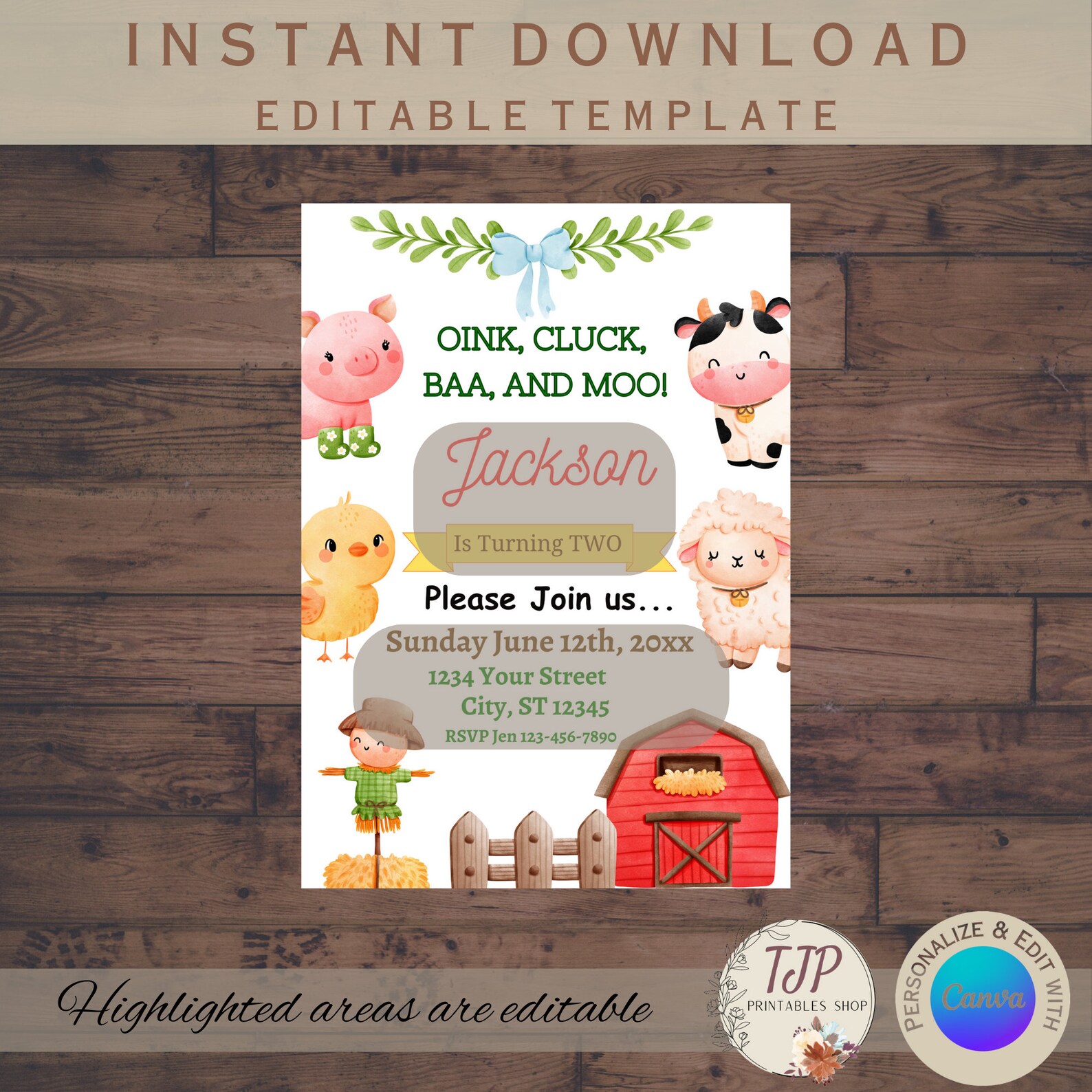 Editable Farm Birthday Invitation Barn Animals Party Invite Template ...