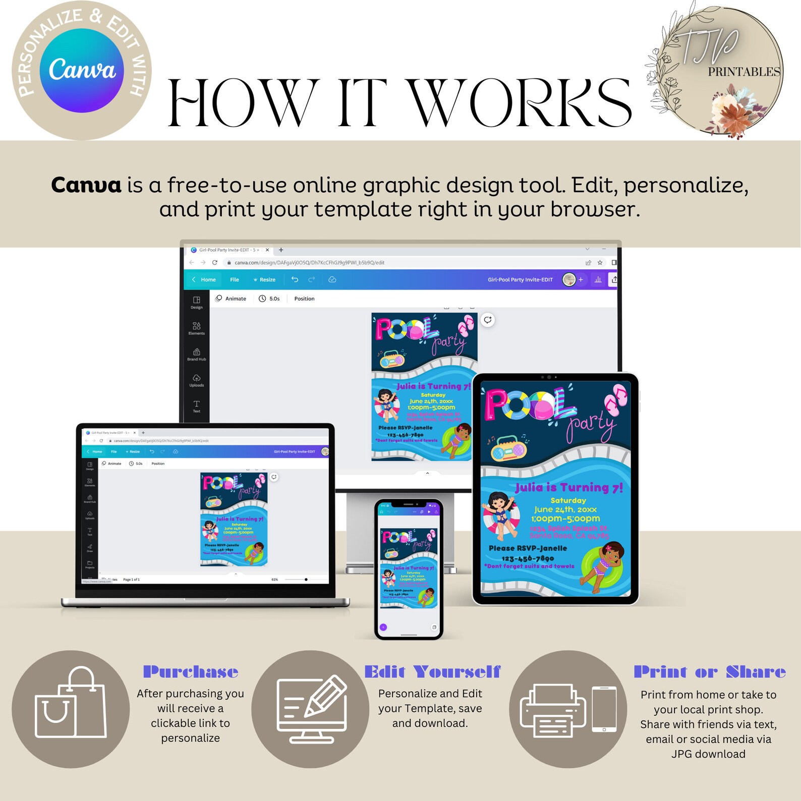 Girls Pool Party Birthday Party Invitation, Instant Download Printable ...