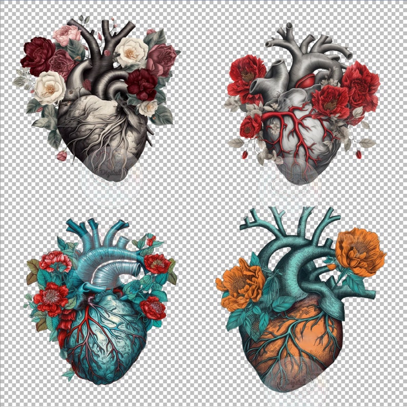 Floral Gothic Hearts Clipart Anatomical Hearts Valentine Gothic Clipart ...