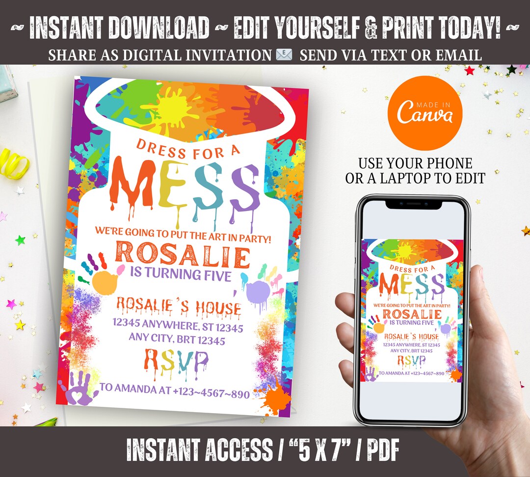 Editable Art Birthday Party Invitation Template, Dress for a Mess ...