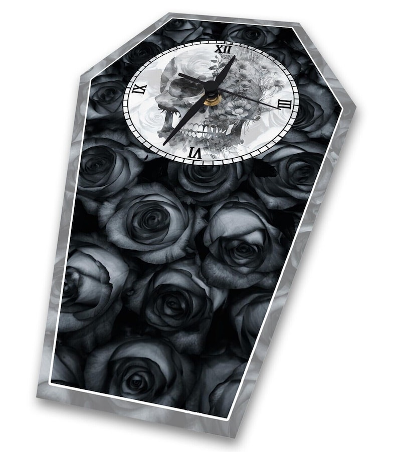 Black Rose Sugar Skull Reaper Skeleton Devil Large Coffin Wall Clock ...