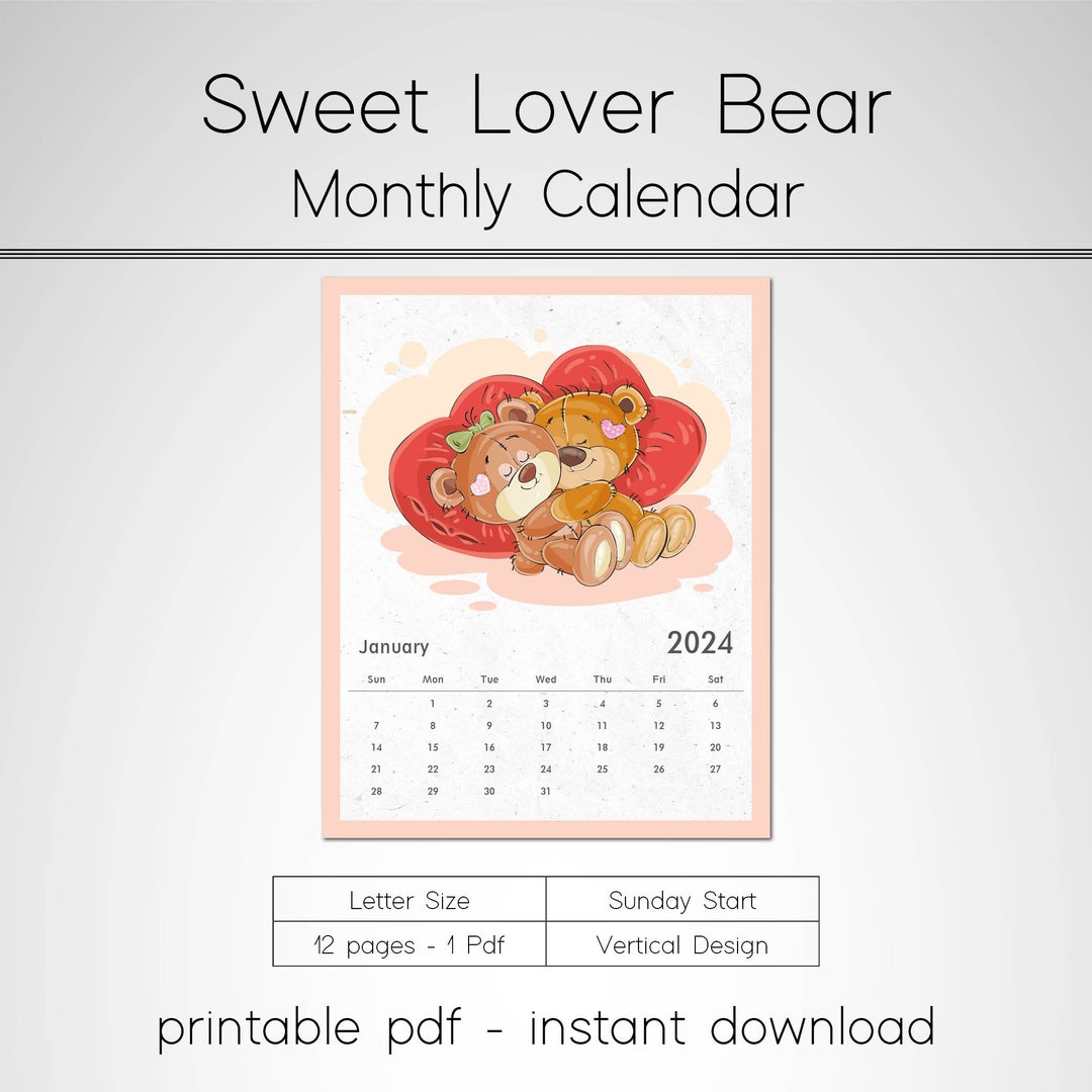 Sweet Lover Bear Monthly Calendar 2024 PDF Letter Size Printable ...