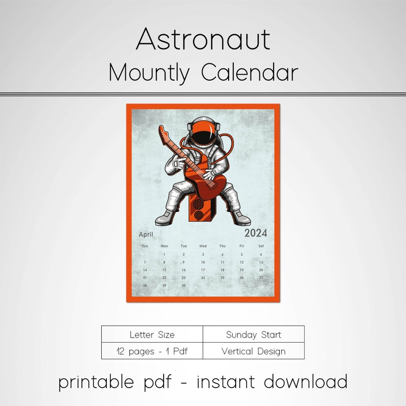 Astronaut Mountly Calendar 2024 PDF Letter Size Printable - Etsy