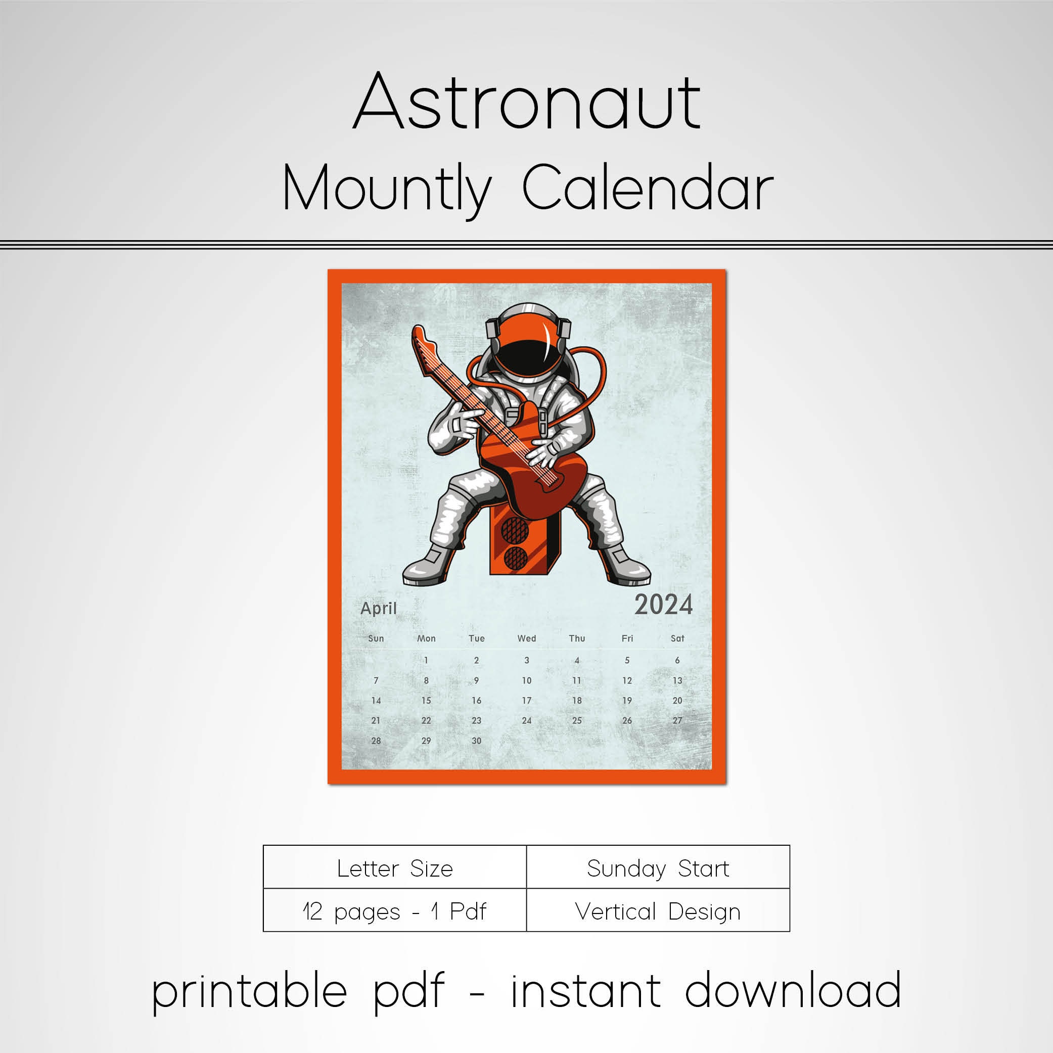 Astronaut Mountly Calendar 2024 PDF Letter Size Printable - Etsy