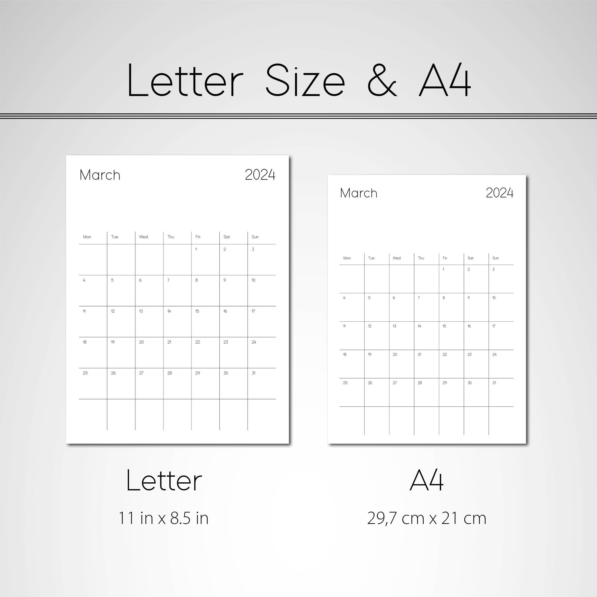 Minimalist Calendar PDF, Calendar 2024 Letter Size & A4 Printable ...