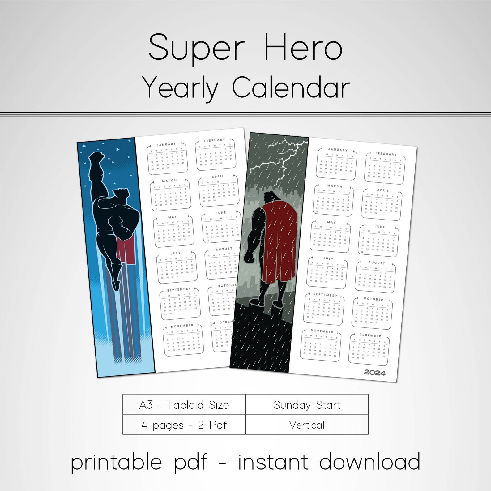 Super Hero Yearly Calendar 2024 PDF A3 Tabloid Size Printable Yearly ...