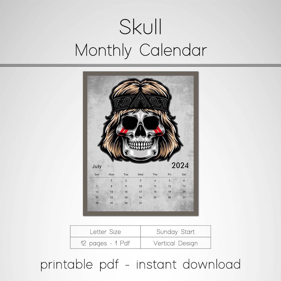 Skull Monthly Calendar 2024 PDF Letter Size Printable Monthly Calendar ...