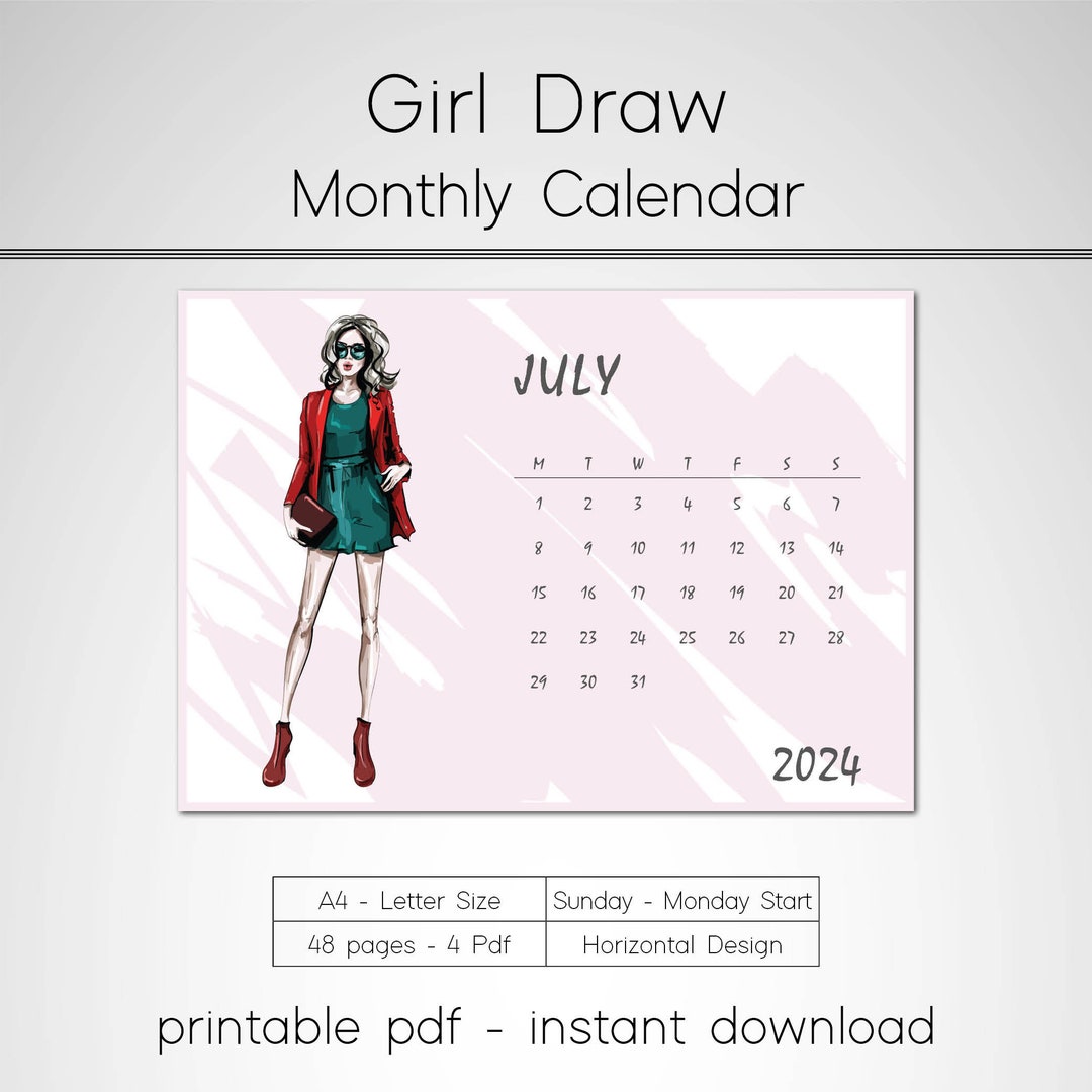 Girl Draw Monthly Calendar 2024 PDF A4 Letter Size Printable Monthly ...