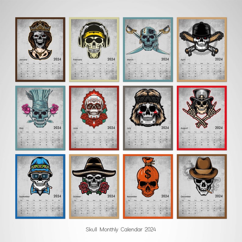 Skull Monthly Calendar 2024 PDF Letter Size Printable Monthly Calendar ...