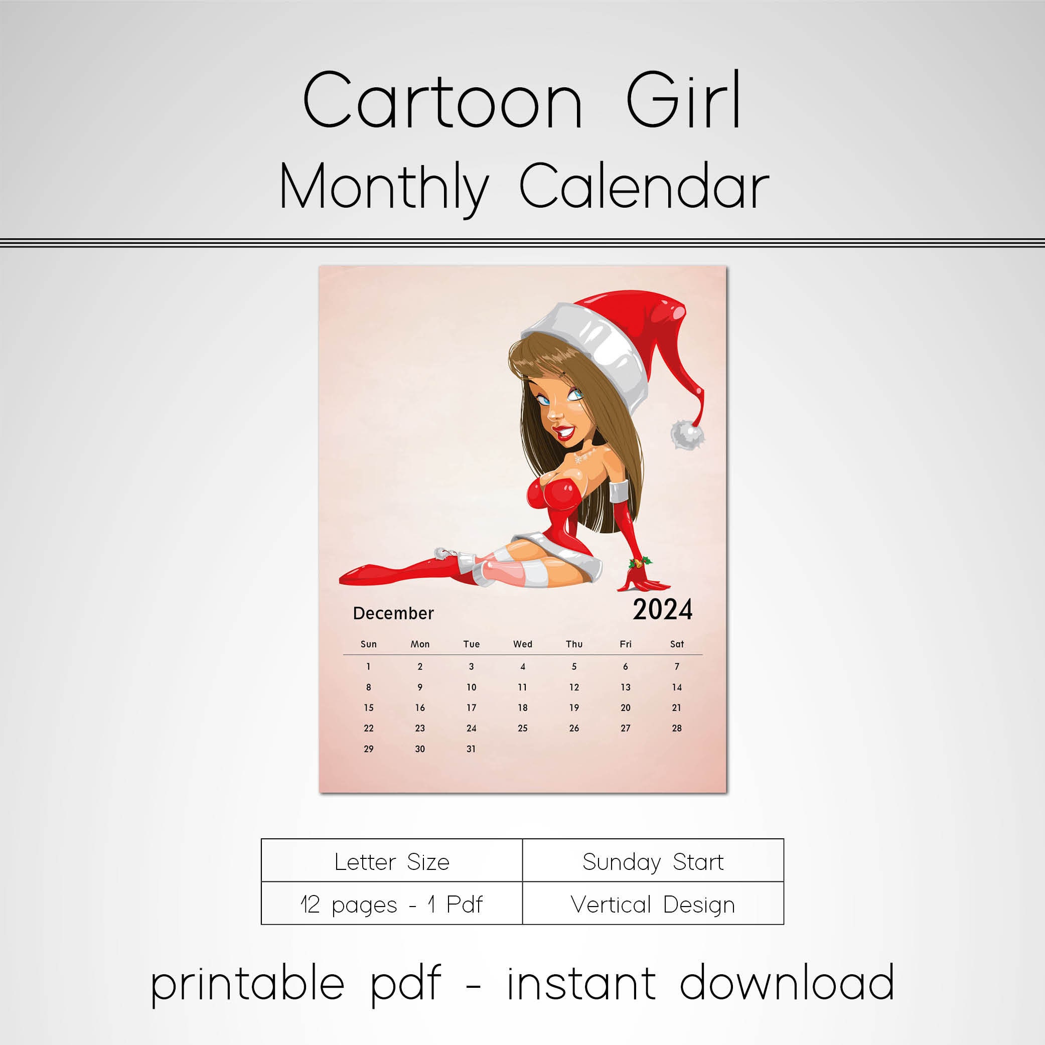 Cartoon Girl Monthly Calendar 2024 PDF Letter Size Printable Monthly ...