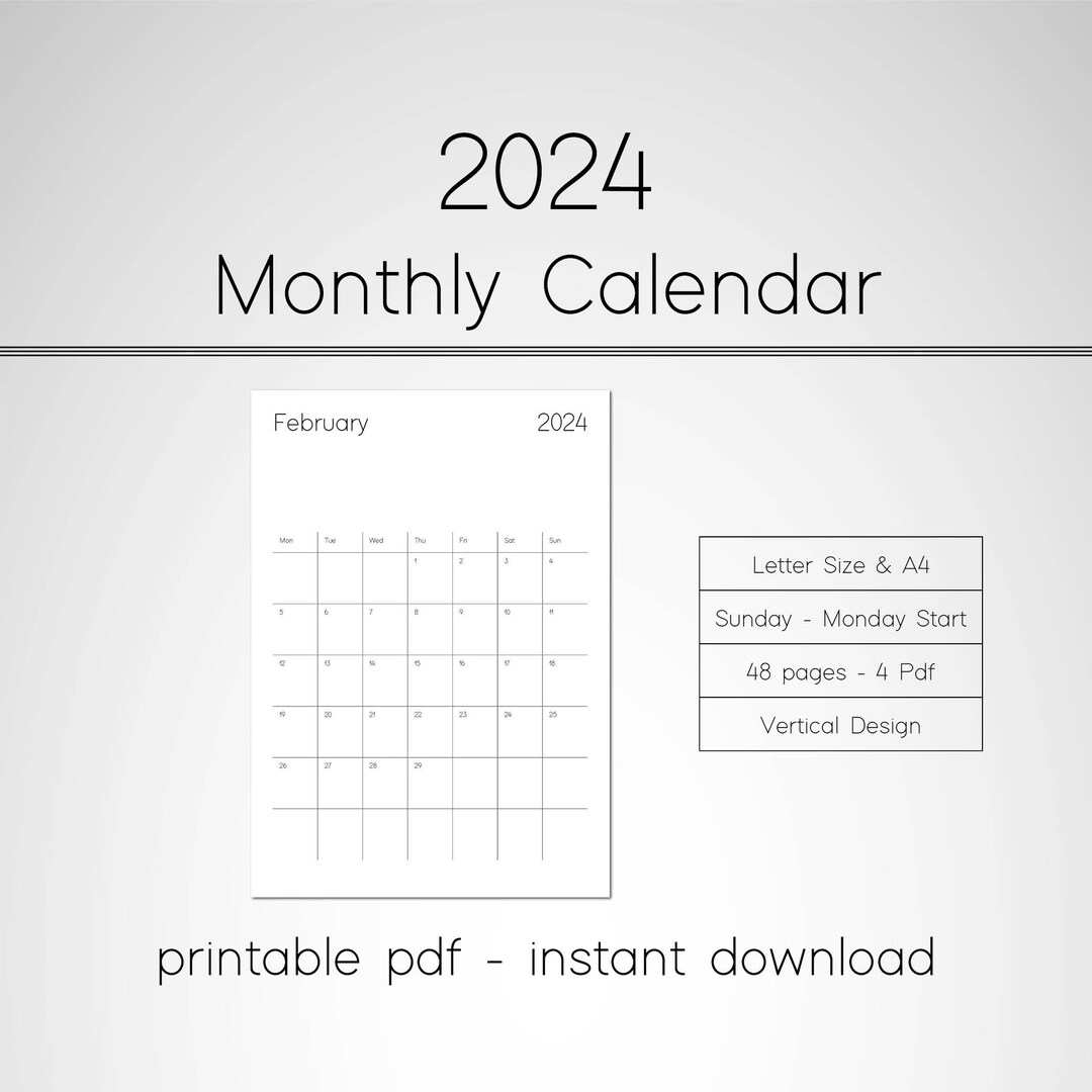 Minimalist Calendar PDF, Calendar 2024 Letter Size & A4 Printable ...