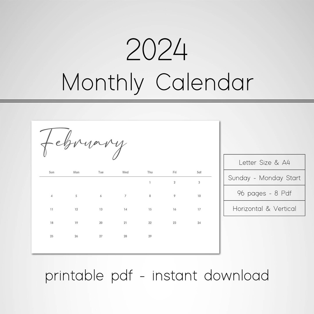 Minimalist Calendar PDF, Calendar 2024 Letter Size & A4 Printable ...