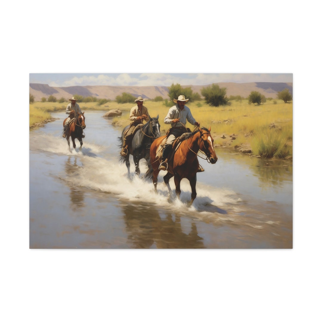 Old West Cowboys Crossing River on Horseback Stretched Canvas Print ...