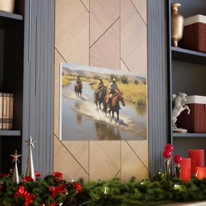 Old West Cowboys Crossing River on Horseback Stretched Canvas Print ...