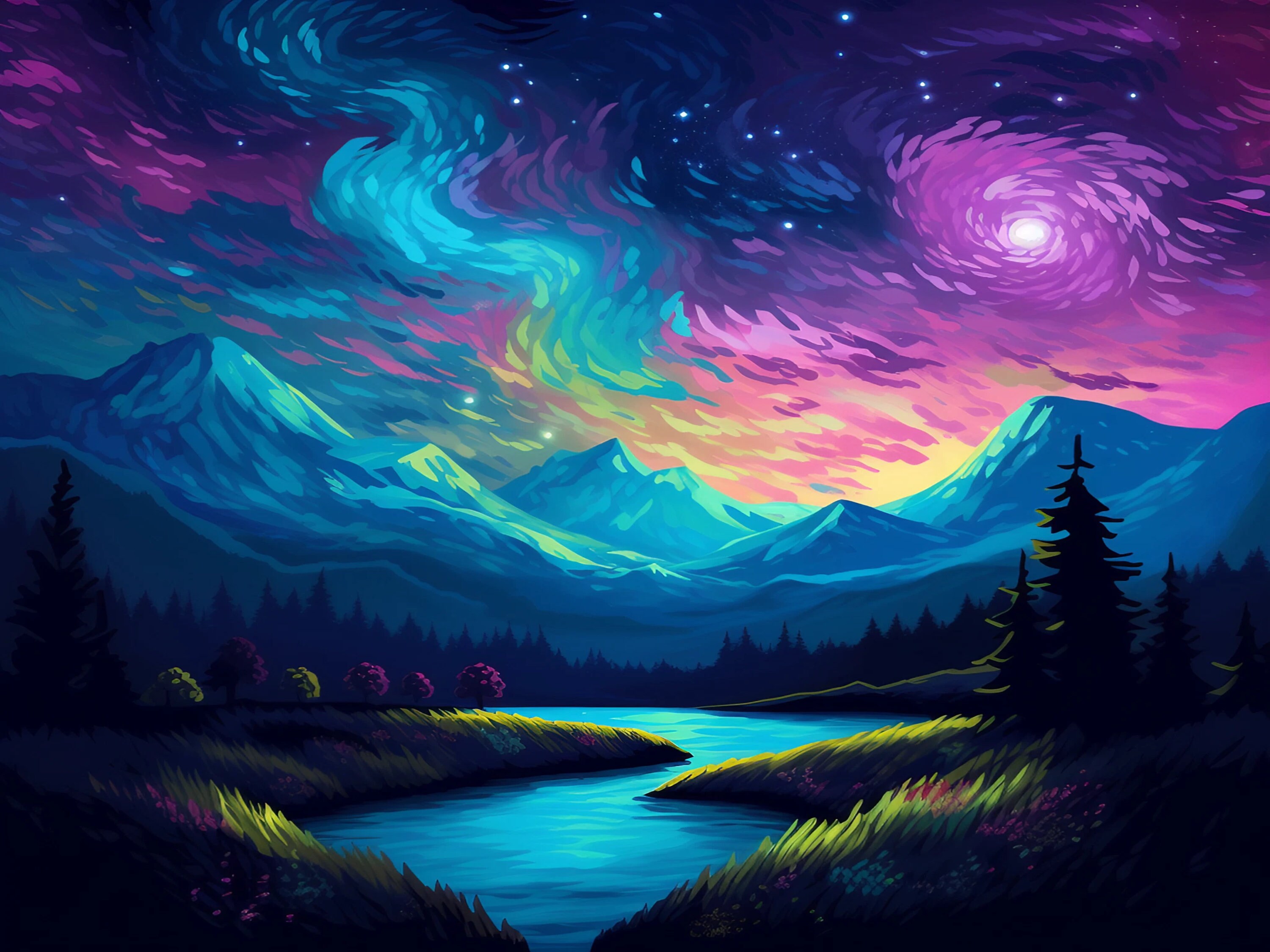 Synthwave Starry Night in Bob Ross Style Gloss Poster - Etsy