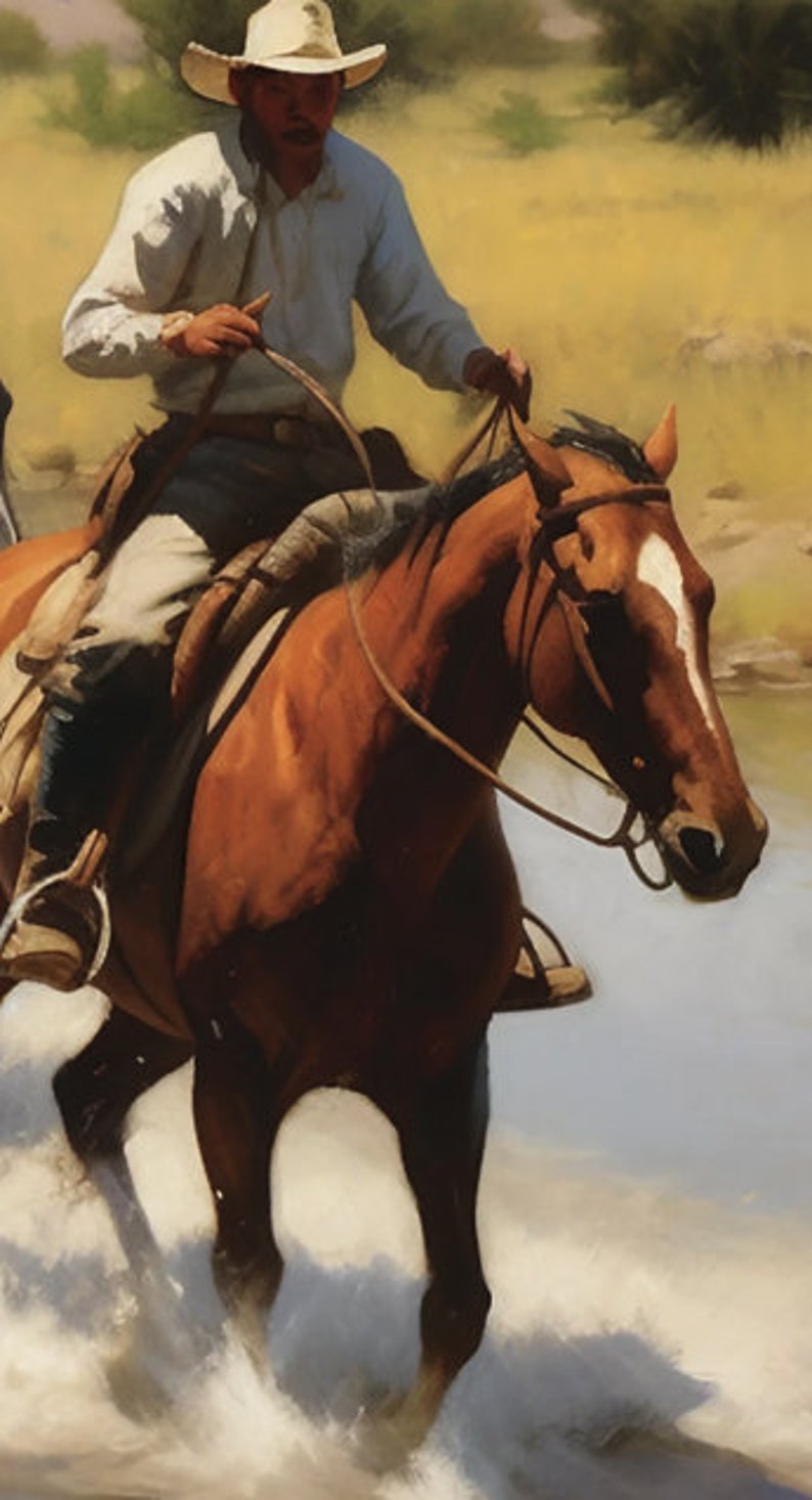 Old West Cowboys Crossing River on Horseback Stretched Canvas Print ...
