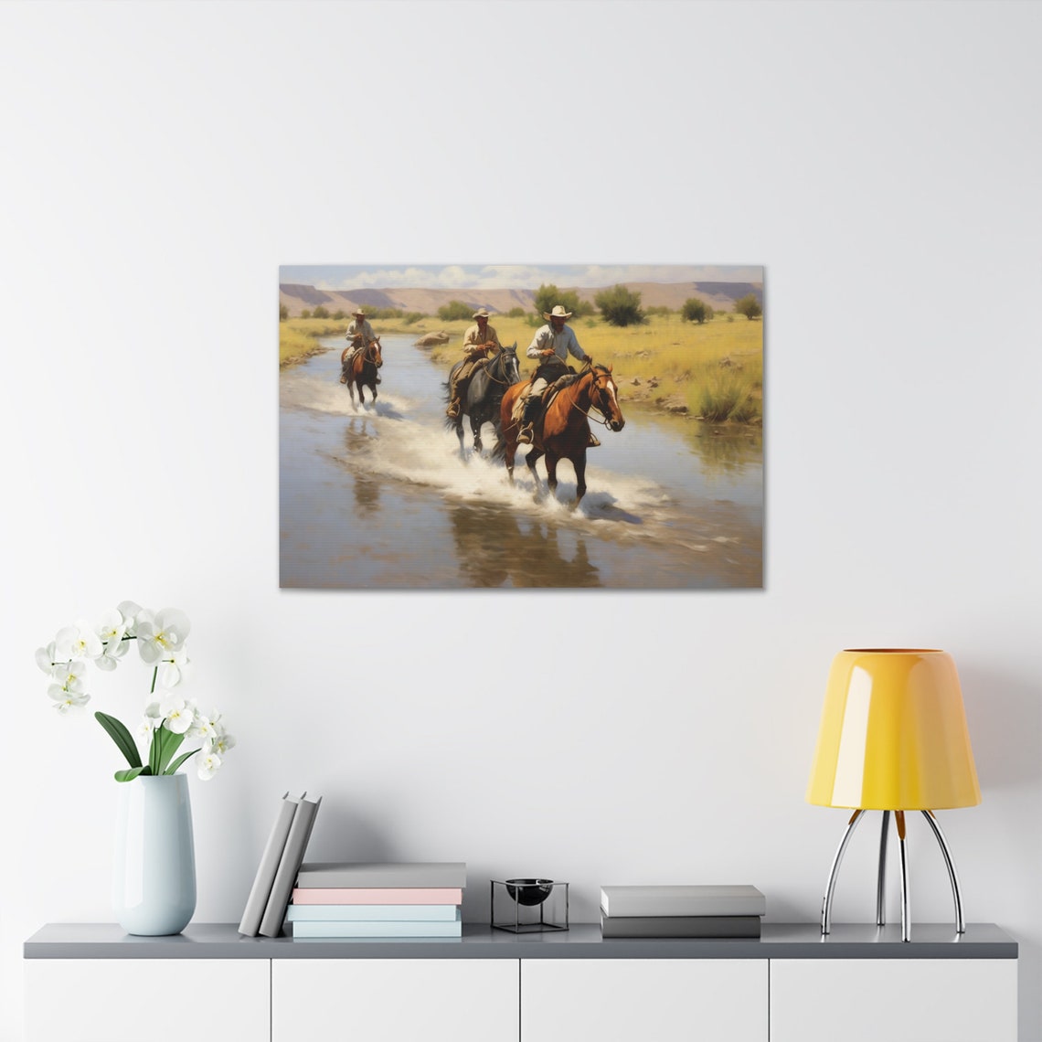 Old West Cowboys Crossing River on Horseback Stretched Canvas Print ...